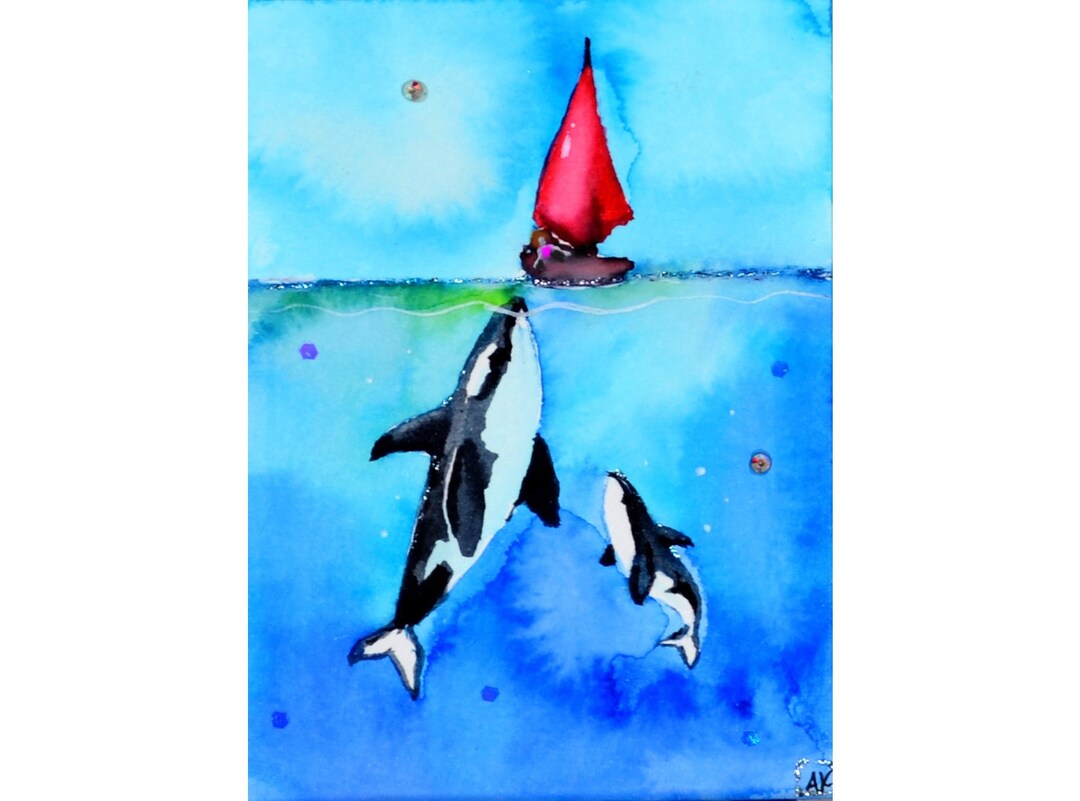 Orca With Boat Origina Art Whale Watercolor Art Boat in Ocean Whale ...