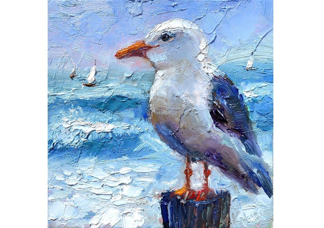 Seagull Art, White Seagull Wall Art, Original Oil Painting Sea Wall ...