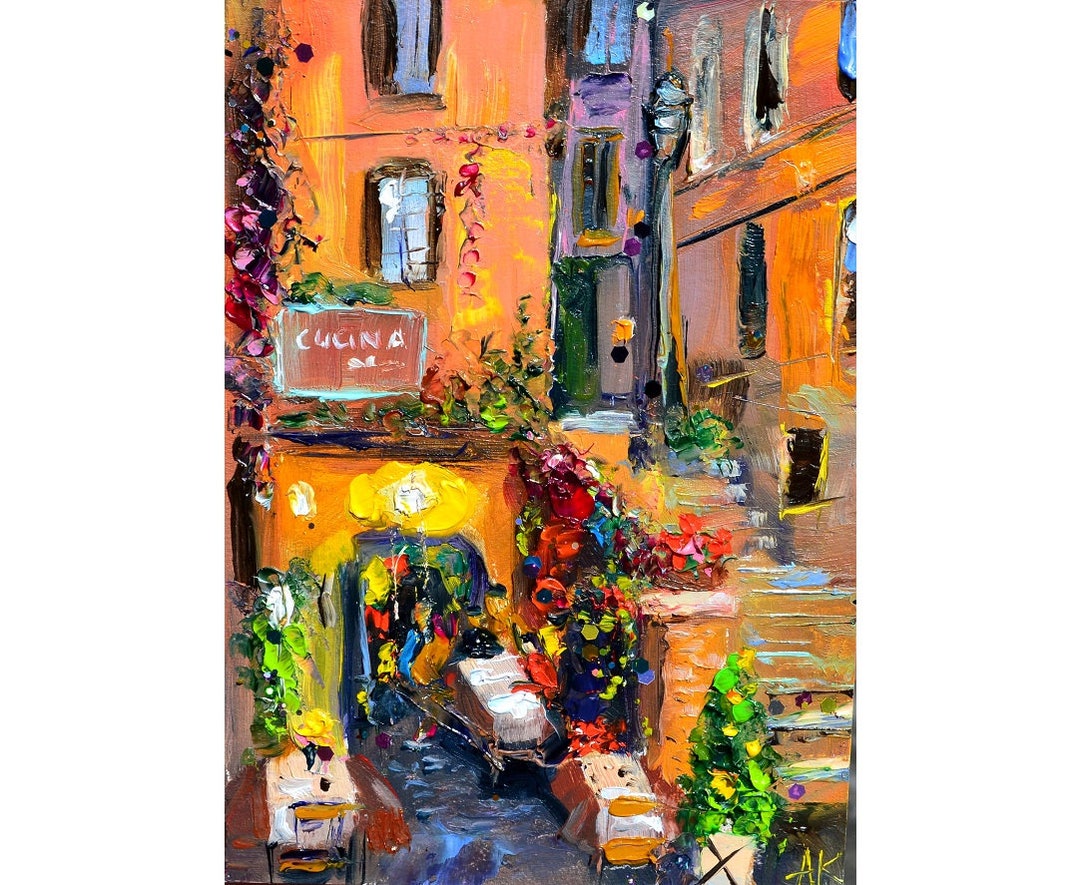 Outdoor Dining: Italian Restaurant on a Picturesque Lane Painting ...
