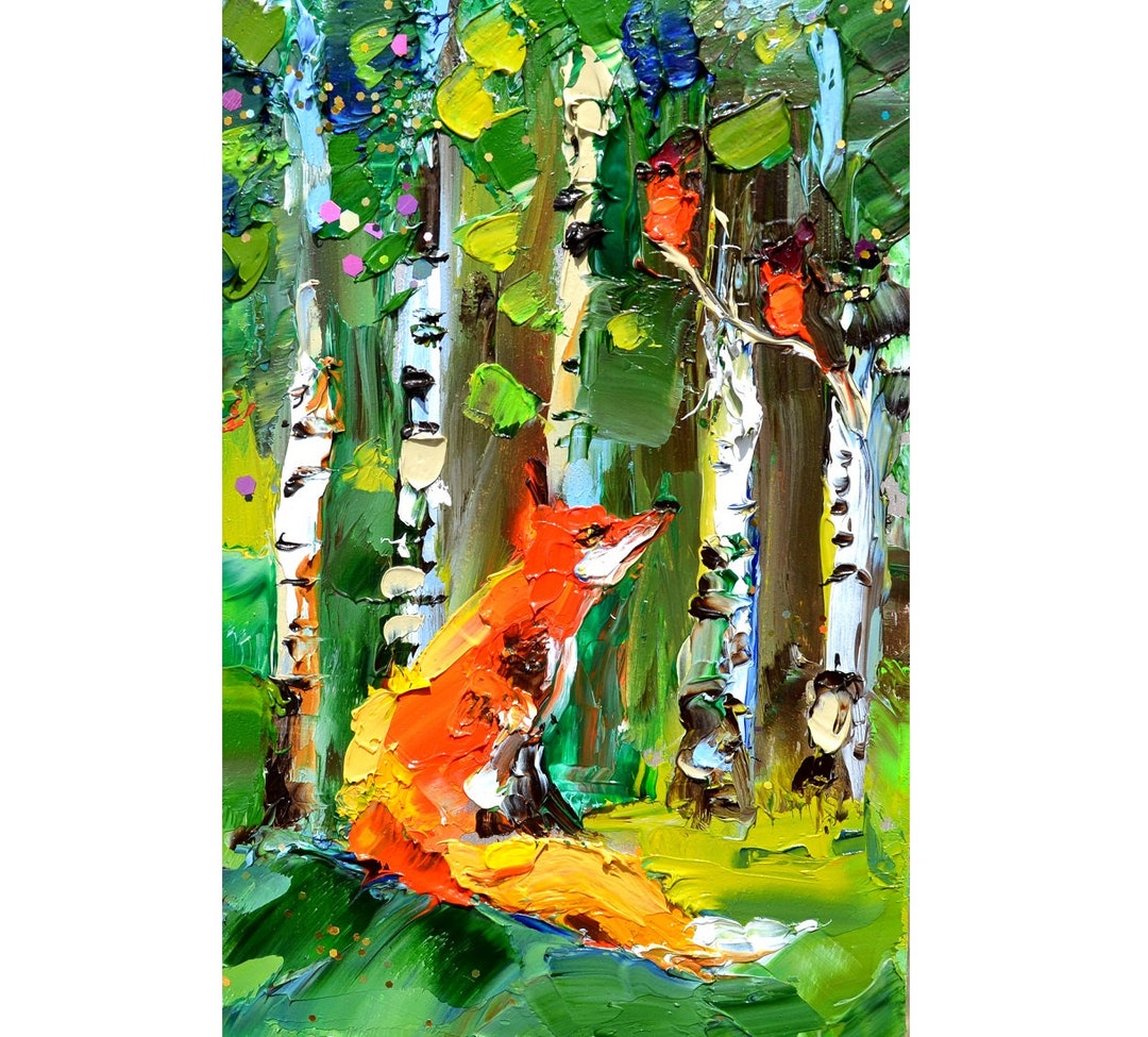 Fox Art, Fox in the Woods Watching Red Cardinal Birds, Cardinal Art ...