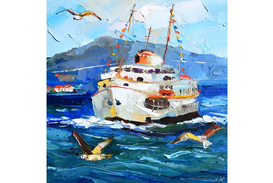 Ship Seascape, Original Oil Painting, Cruise Art, Seagulls Painting ...