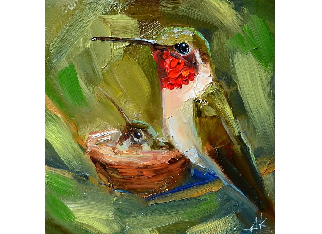Colibri Birds Art, Hummingbird Nest With Baby Original Oil Painting ...