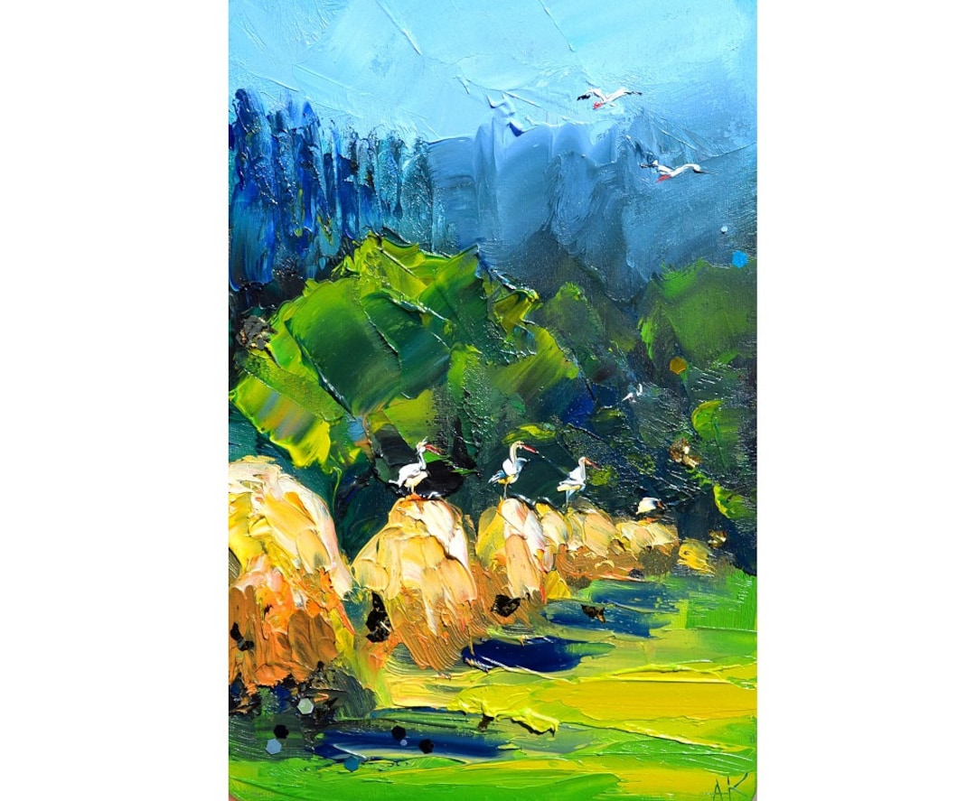 Stork Original Art , Original Art Landscape, Oil Painting Birds Storks ...