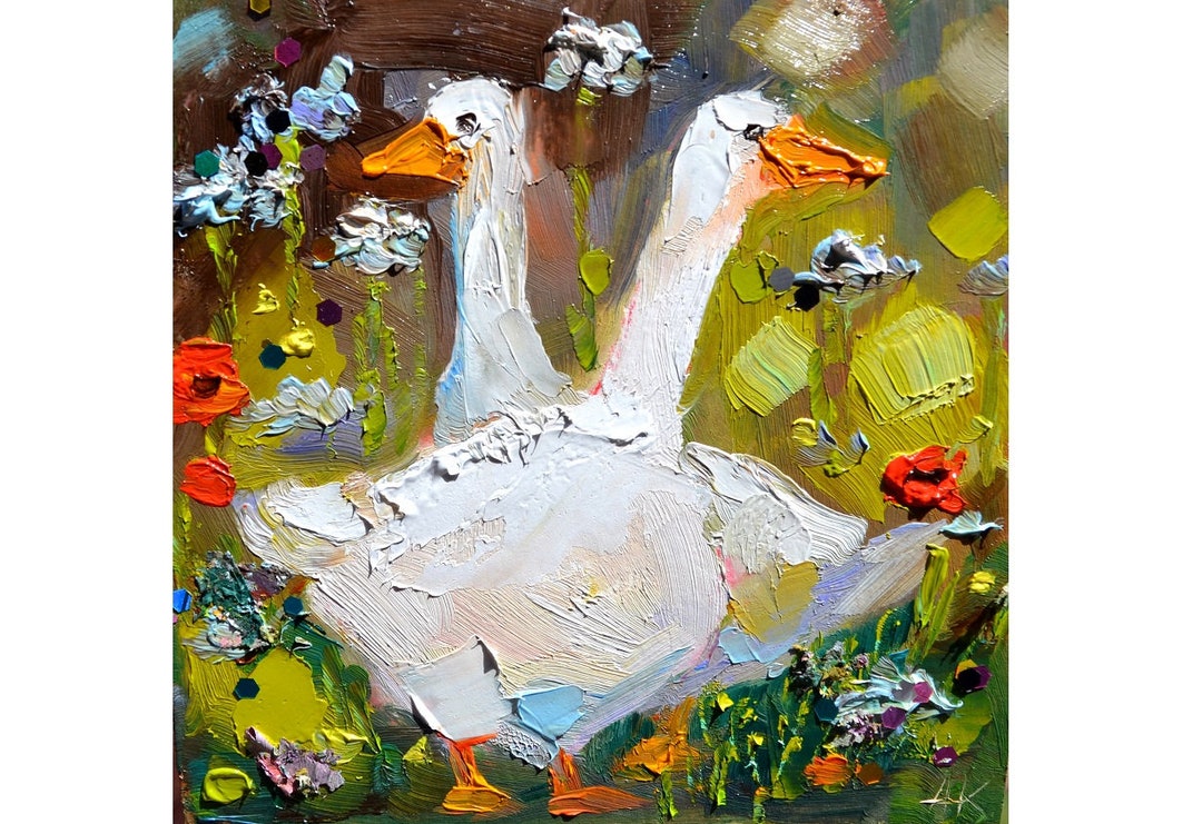 Two Geese Original Art, White Goose Art Farm Bird Abstract Goose Wall ...