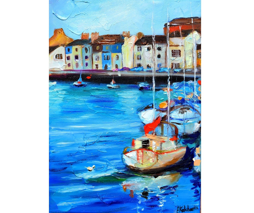 Boats Painting Marine Port Sea Decor Ocean Lover Art, Port Decor ...