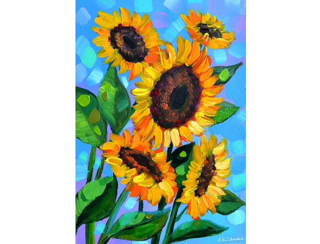 Sunflowers Flowers With Blue Background Original Floral Art, Sunflowers ...