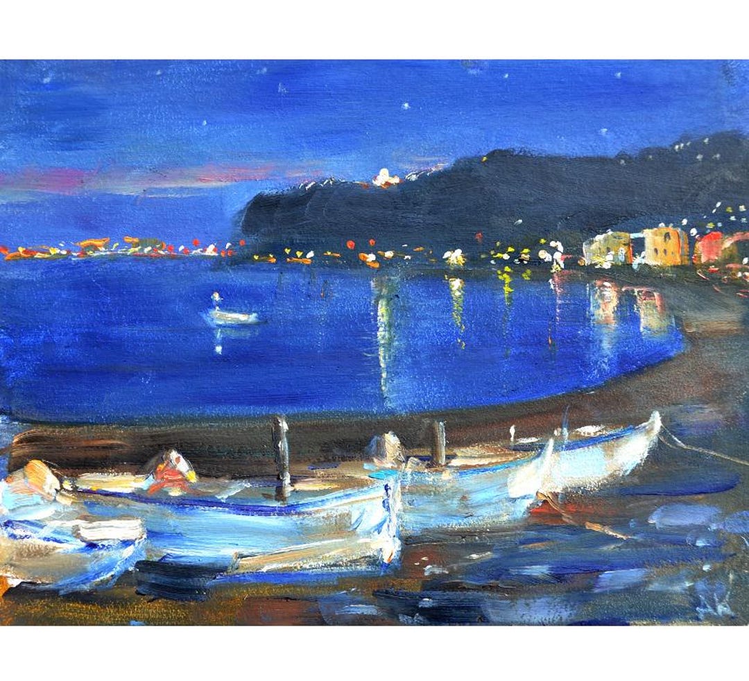 Night Landscape Boats on the Beach, Sea at Night, Port With Boats, City ...