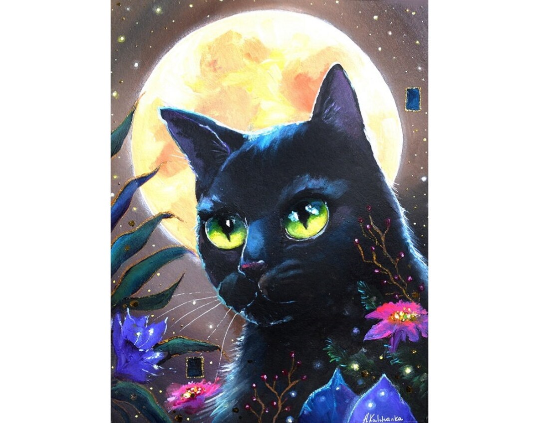 Black Cat and Full Moon, Original Art Cat With Green Eyes, Pet Cat ...