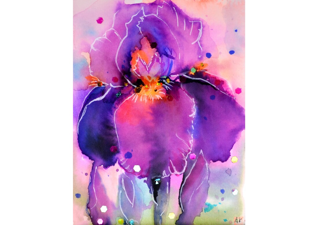 Purple Iris Art, Original Watercolor Painting Flowers, Blue End Purple ...