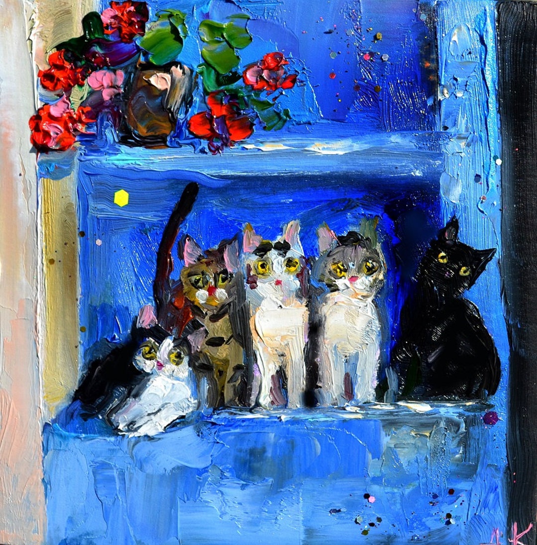 Cats on the Ladder, Kittens Artwork Gift Cat Portrait Pet Portret ...