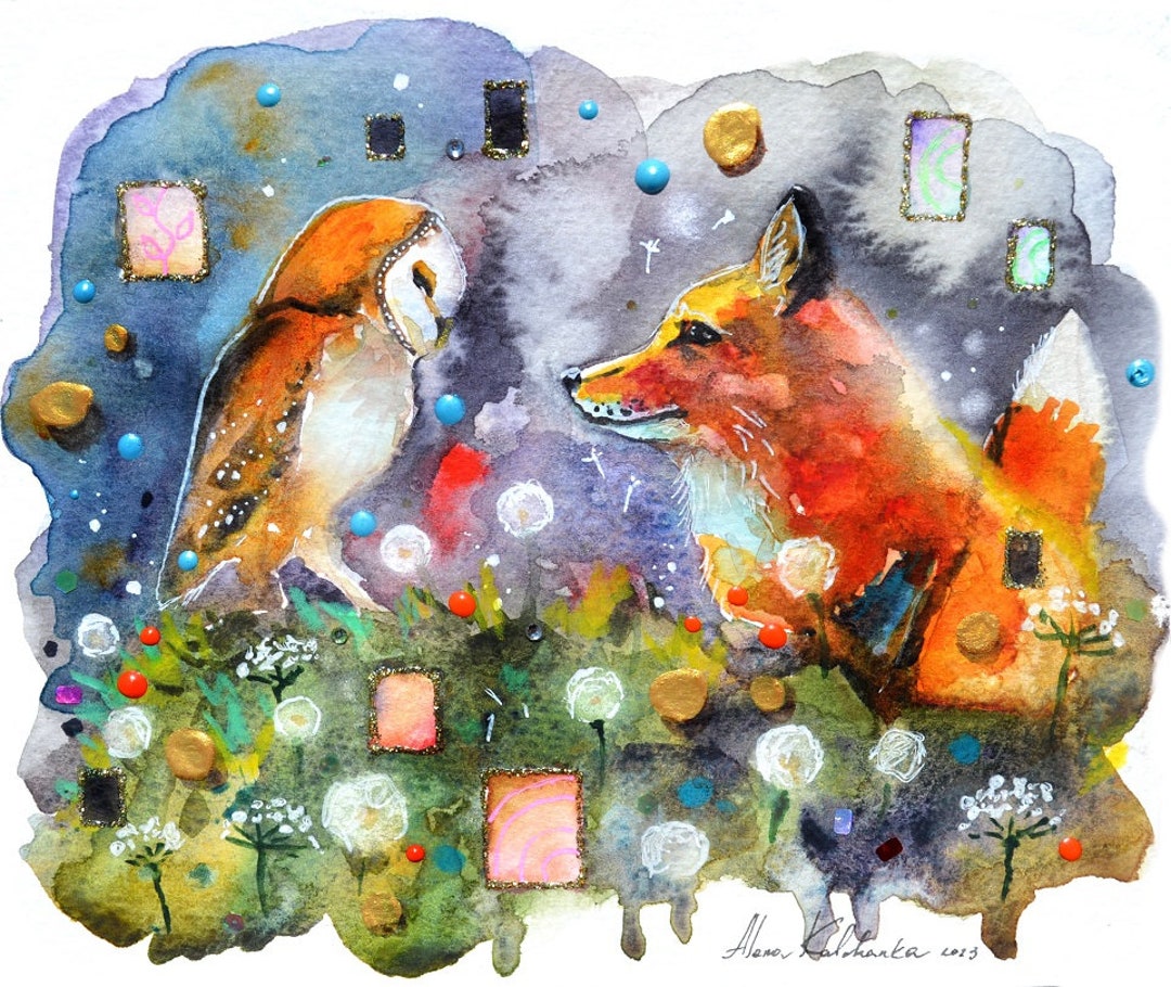 Barn Owl and Fox Decor Owl Art, Original Watercolor Painting, Fairytale ...