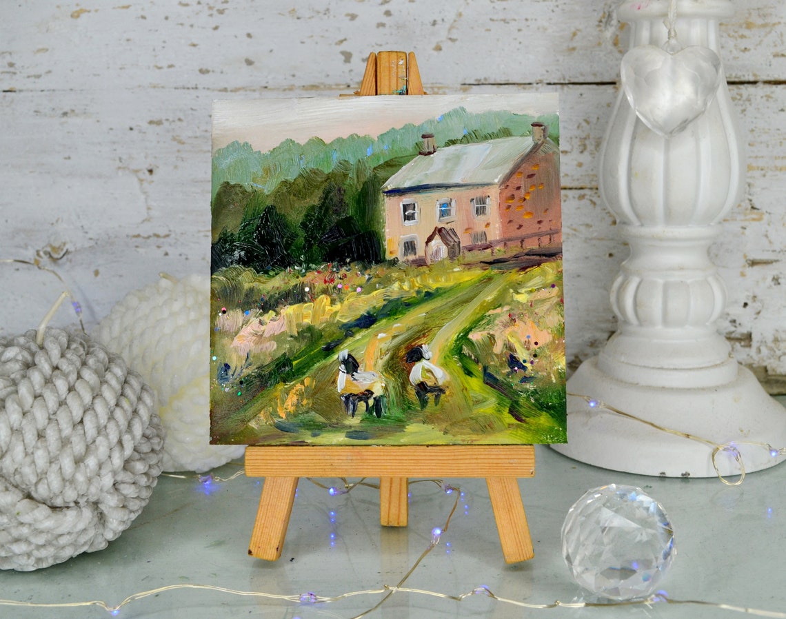 Rustic House in the Countryside With Sheep, Green Meadow Art, Sheep Art ...