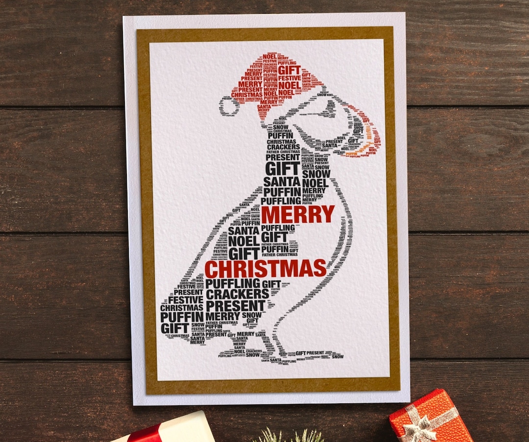 Puffin Christmas Card Word Art Greeting Card Personalised Custom Gift ...