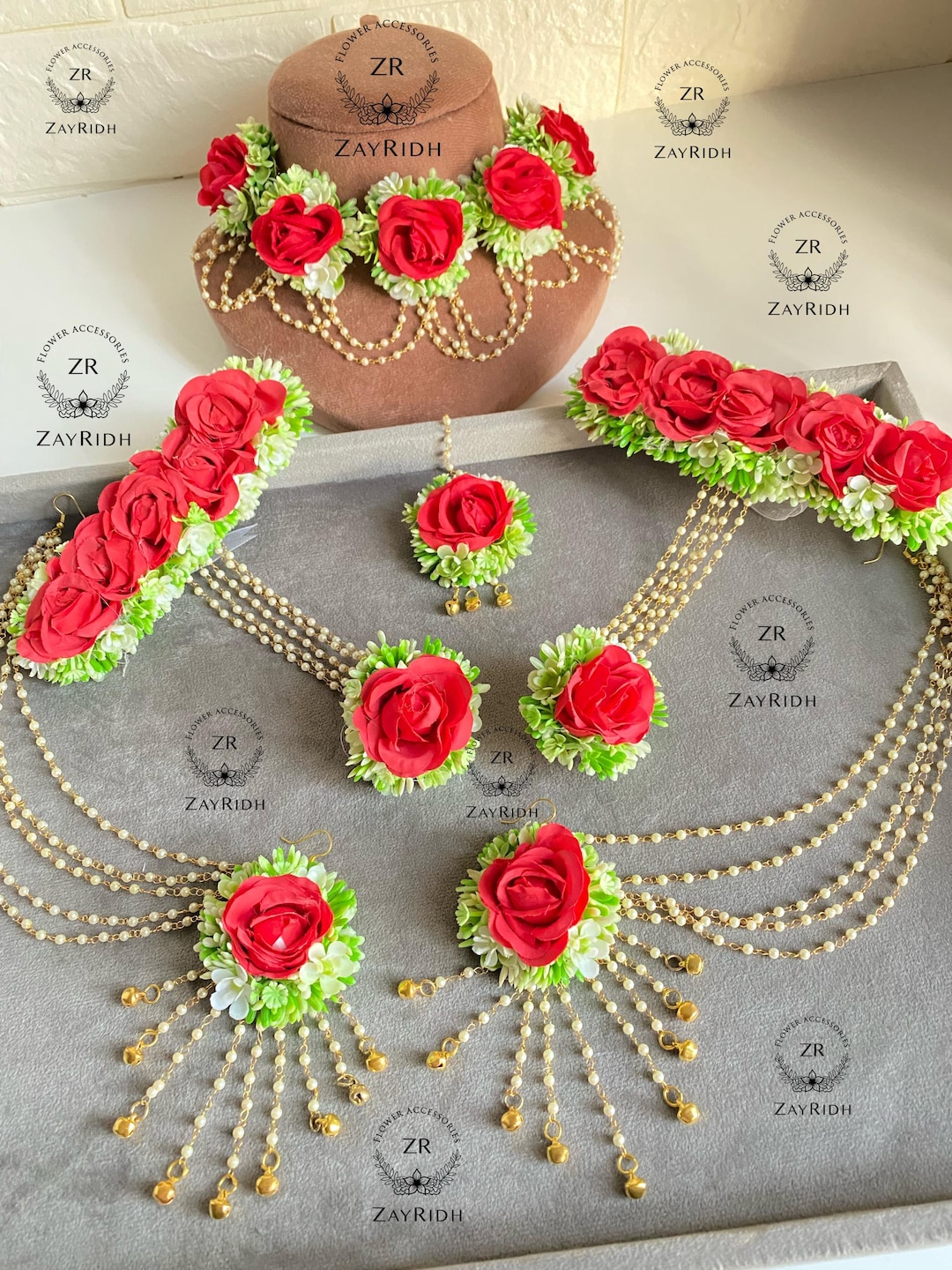 Indian Red Flower Jewelry Set for Mehndi & Haldi - Handmade Bridal ...