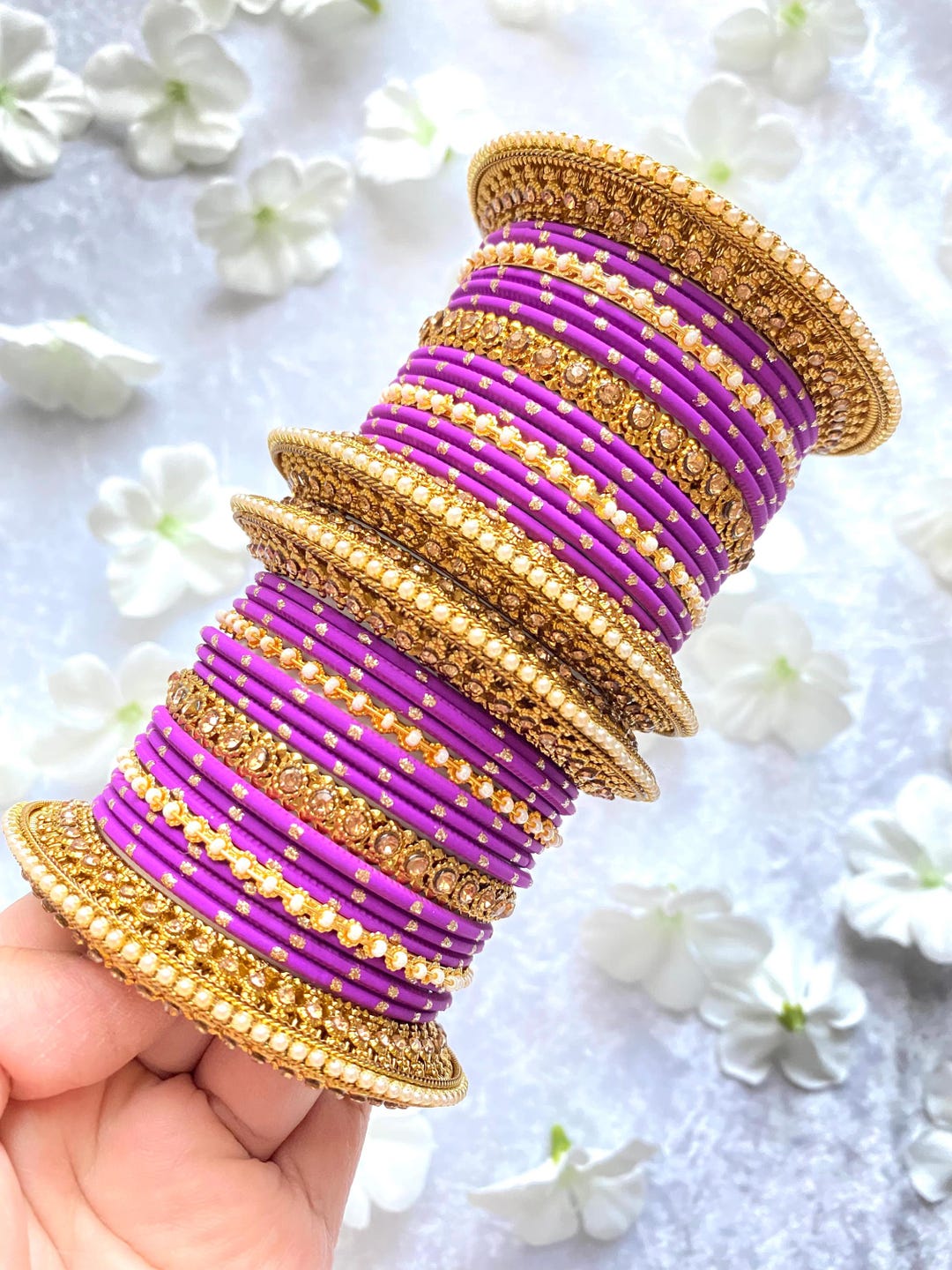 Purple and Gold Asian Indian Bangles Set | Traditional Bridal Chura Set ...