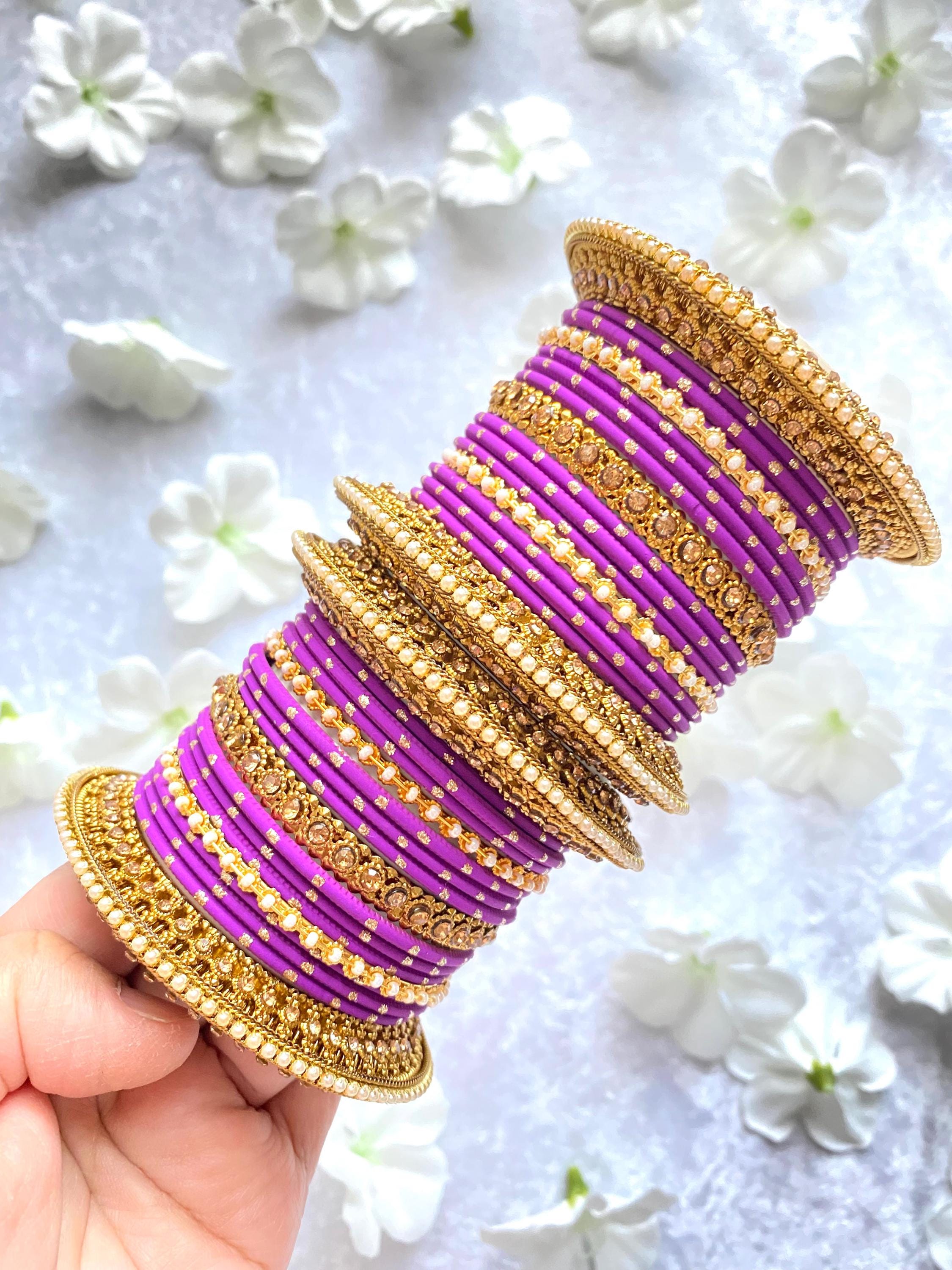 Purple and Gold Asian Indian Bangles Set | Traditional Bridal Chura Set ...