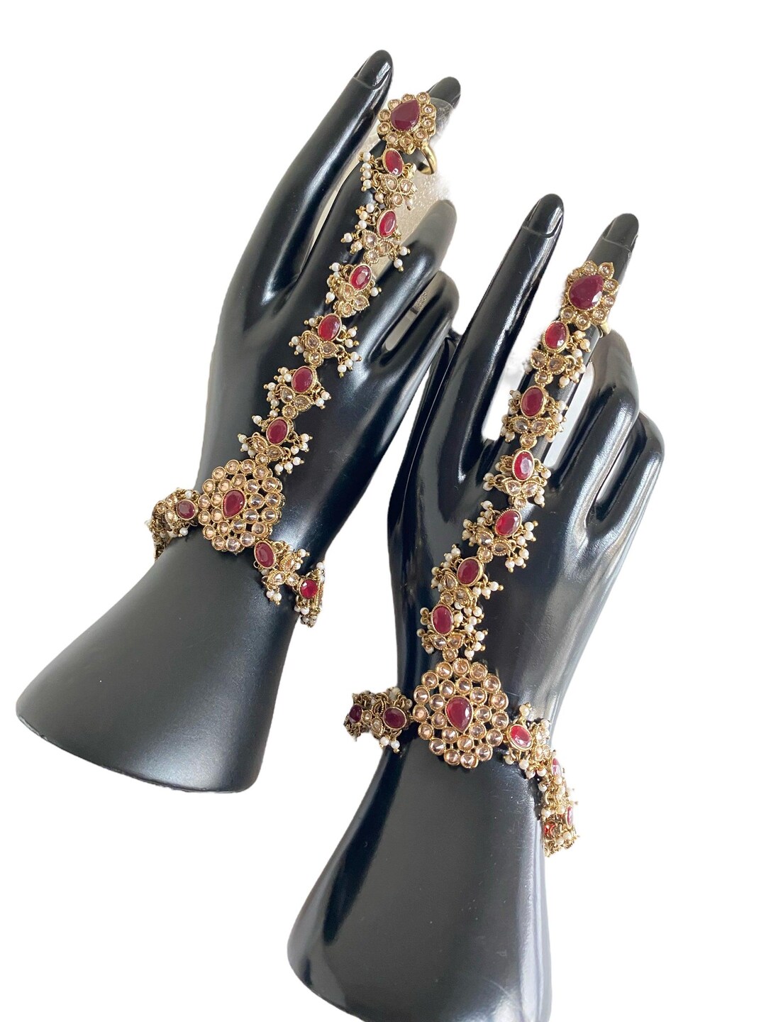 Pair of Red Indian Bridal Hand Harness Asian Indian Bridal Gold Hand ...