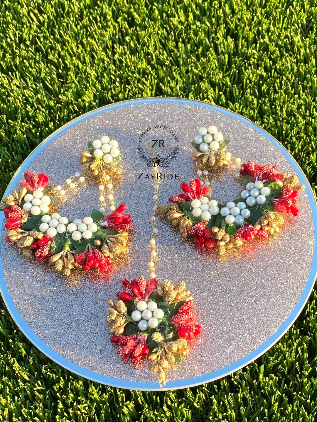 Mehndi Haldi Flower Tikka and Earrings Set | Artificial Flower Tikka ...