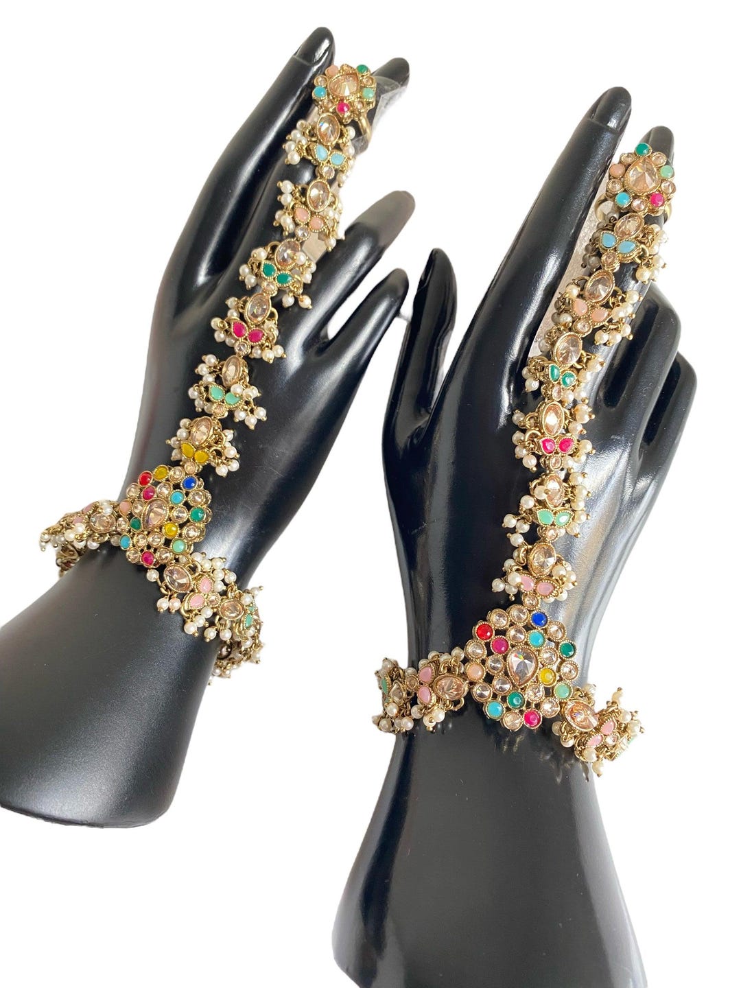 Multicolour Indian Hand Harness Asian Bridal Gold Haathpool for Wedding ...