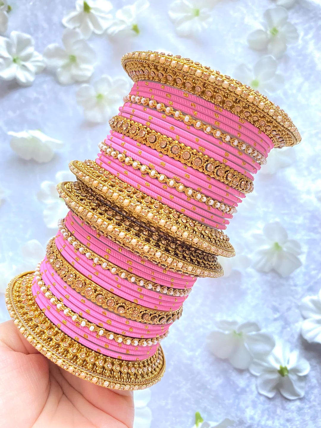 Asian Bridal Bridesmaid Pink Bangles | Kundan Desi Gold Bangle Stack ...