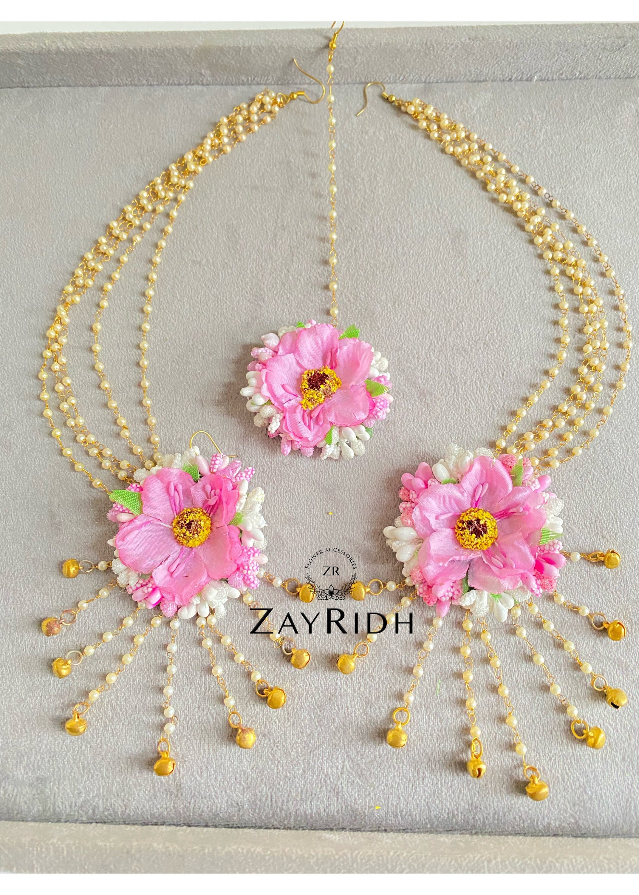 Pink Mehndi Haldi Flower Jewellery Pink Artificial Flower Necklace Set ...