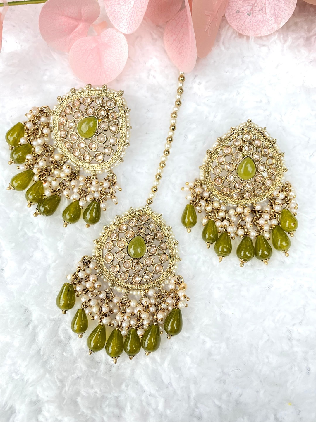 Traditional Indian Asian Pakistani Olive Tikka Earring Set Desi Bridal ...