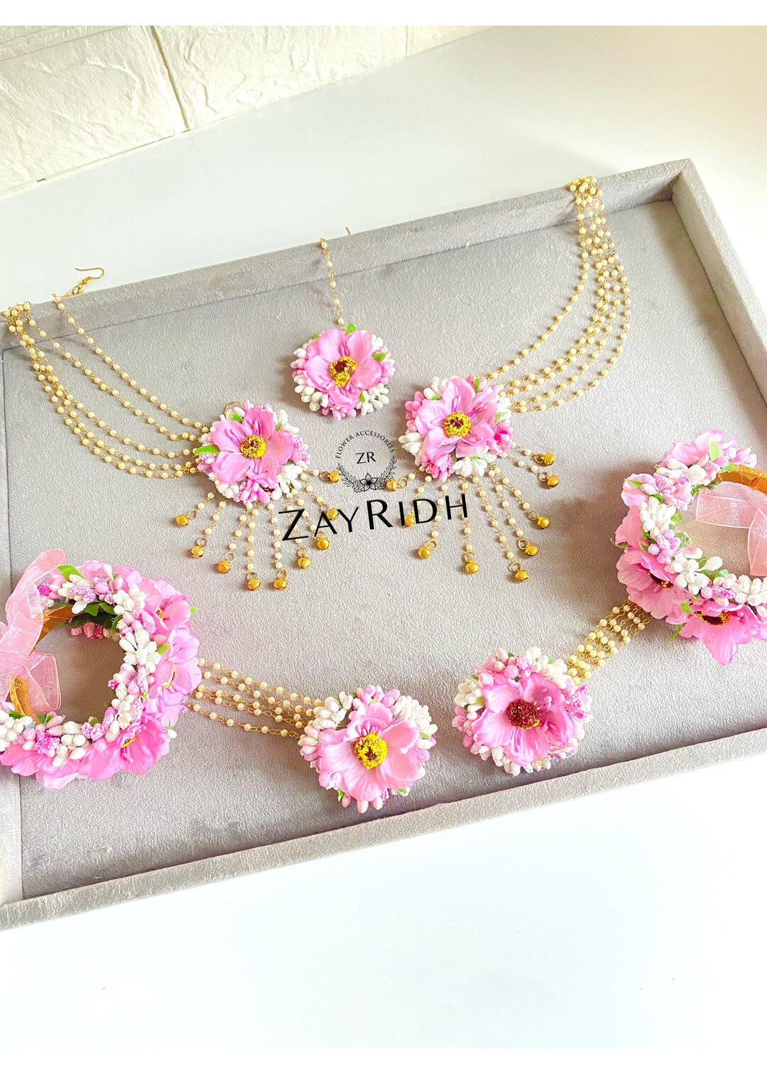 Pink Mehndi Haldi Flower Jewellery Pink Artificial Flower Necklace Set ...