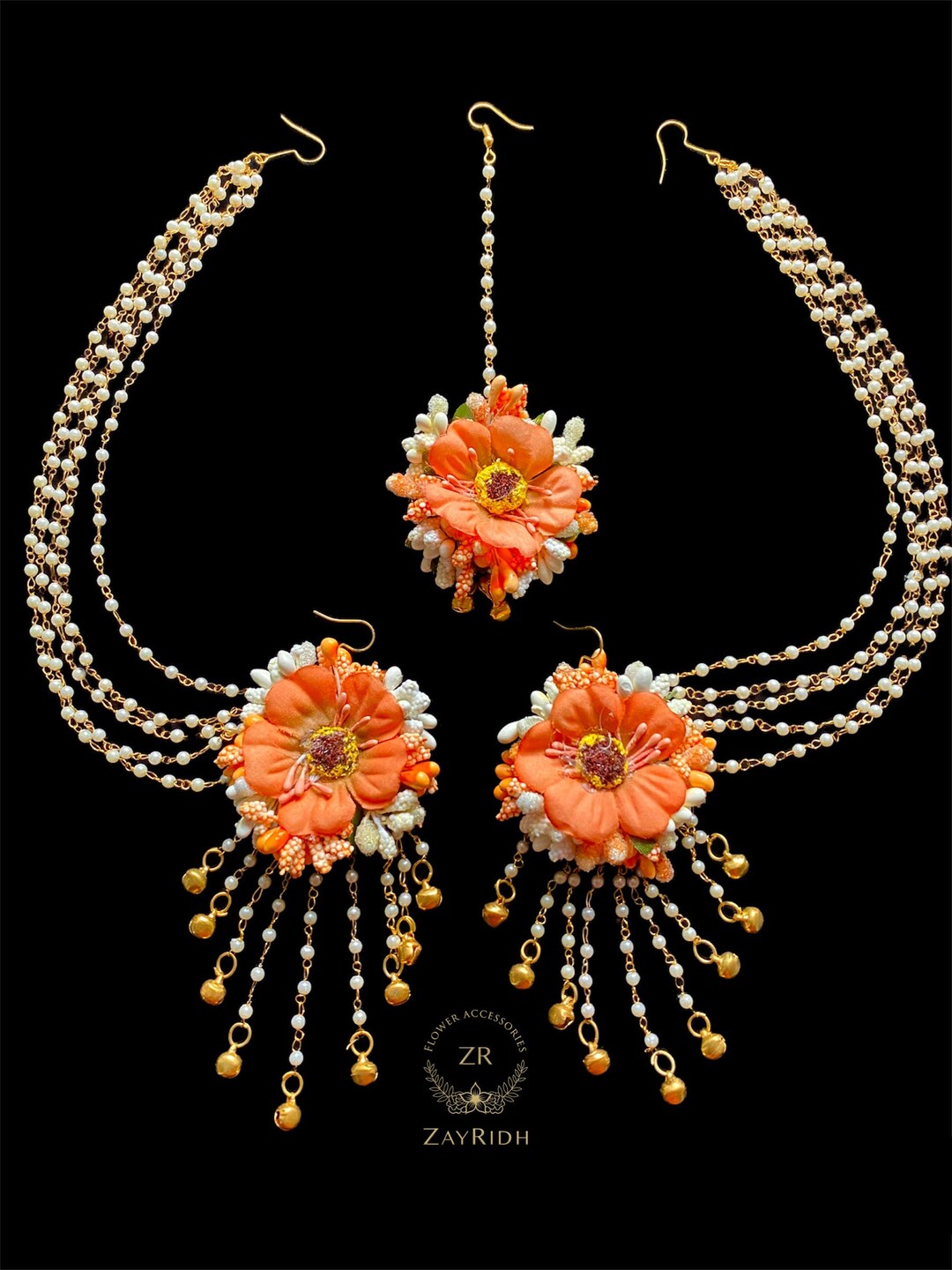 Orange Artificial Flower Tikka and Earrings Set Mehndi Flower Jewellery ...