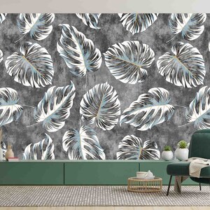 Custom Size Wallpaper - Modern Simple Black and White Gray Leaf Pattern Design- Peel and Stick ...