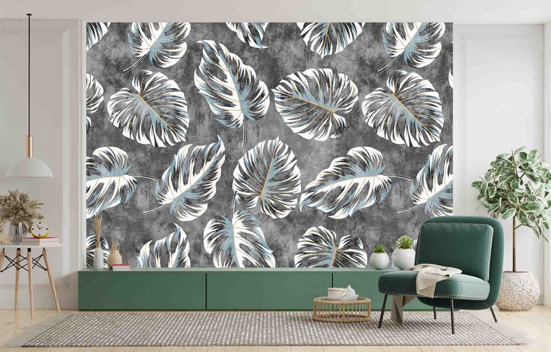 Custom Size Wallpaper Modern Simple Black and White Gray Leaf Pattern Design Peel and Stick Wall ...