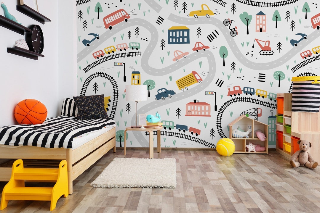 Custom Size Wallpaper - Hand Drawn Cartoon Cars Trains and Road ...