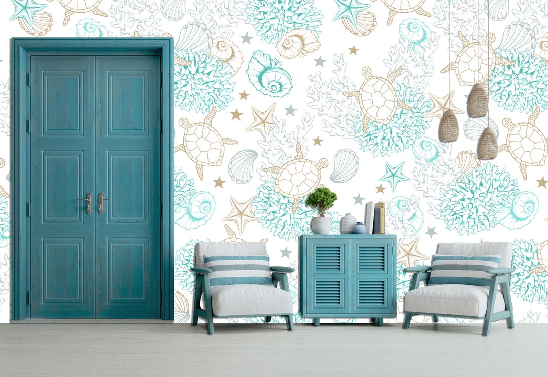 Custom Size Wallpaper-marine Sea Shells Turtles Pattern Wallpaper-peel ...