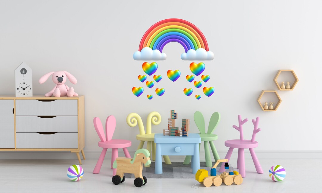 3D Rainbow and Heart Wall Decal - Removable Vinyl Sticker - Mural Art ...