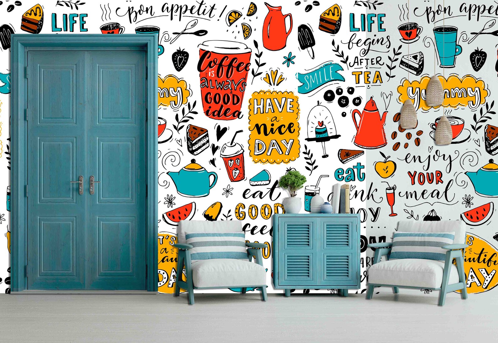Cafe Pattern Wallpaper: Custom Size Peel and Stick Wall Decal - Etsy