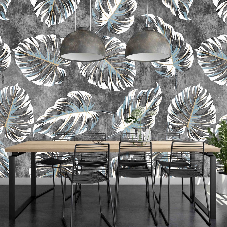 Custom Size Wallpaper Modern Simple Black and White Gray Leaf Pattern Design Peel and Stick Wall ...