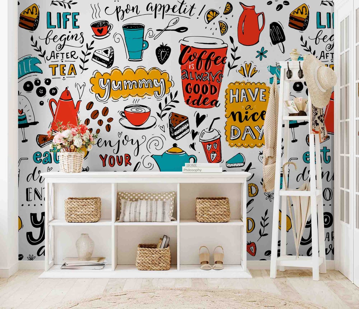 Cafe Pattern Wallpaper: Custom Size Peel and Stick Wall Decal - Etsy