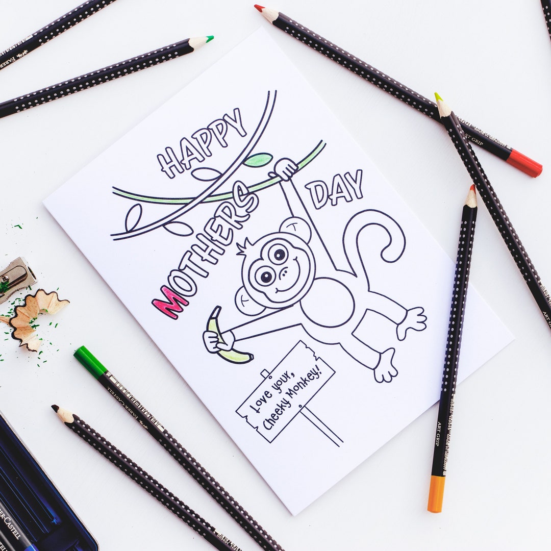 A5 COLOUR ME IN Cheeky Monkey Mother's Day Card / Monkey / Mothers Day ...