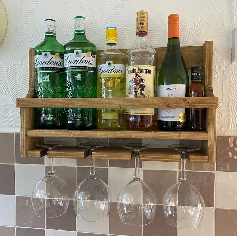 Rustic Shabby Chic Pallet Wood Wall Mounted Wine Gin Rack With Glass ...