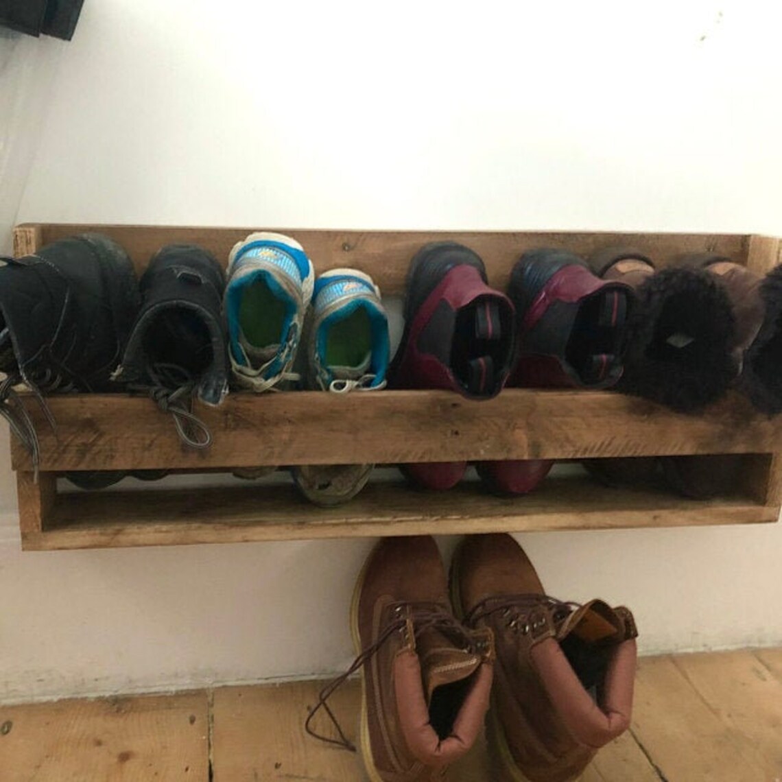 Unique shabby chic pallet wood floating shoe rack ideal | Etsy