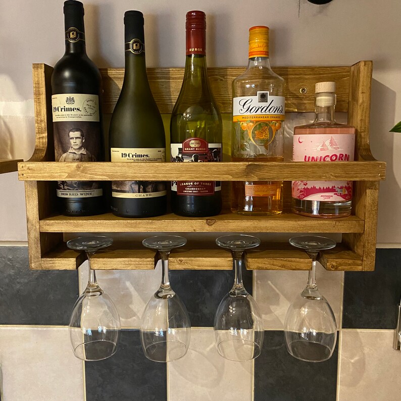 Rustic Shabby Chic Pallet Wood Wall Mounted Wine Gin Rack With Glass ...
