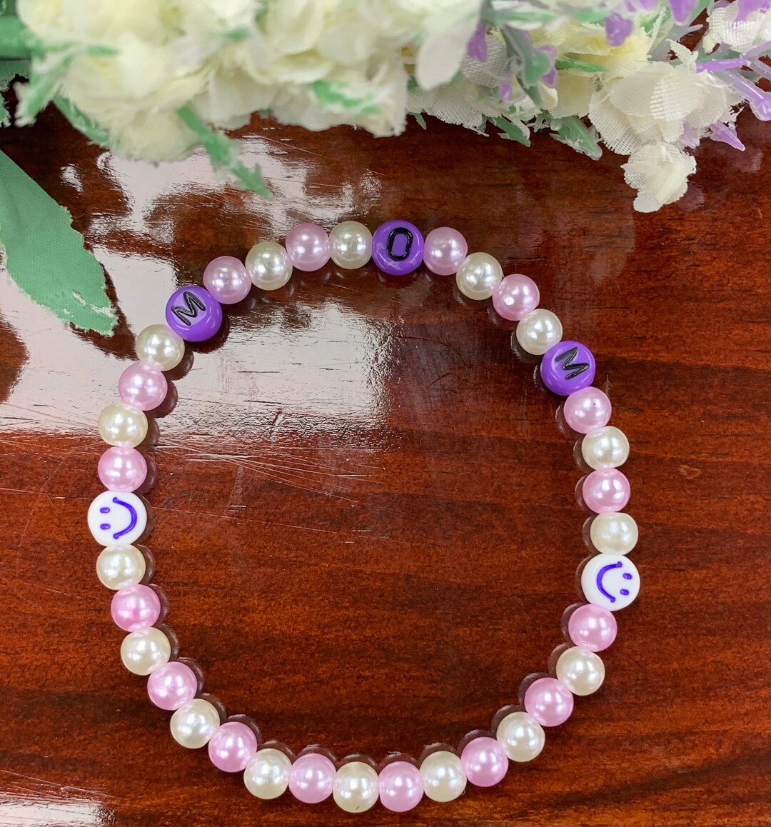 Purple MOM-LETTERING & Pink Happy Face Pendant Bracelet - Etsy