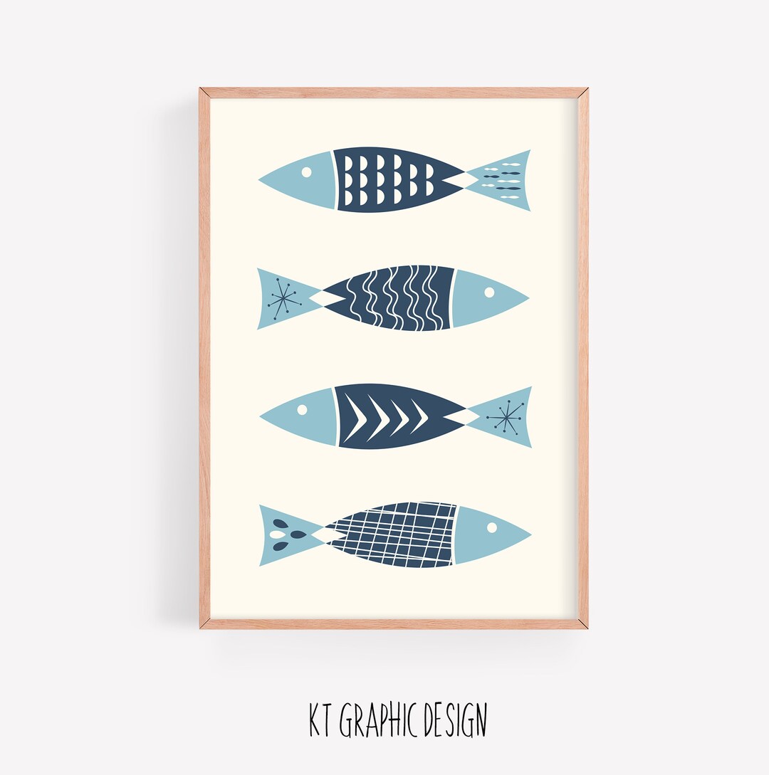 Mid Century Modern Fish Print: Beach Cottage Nautical Wall Art (digital ...