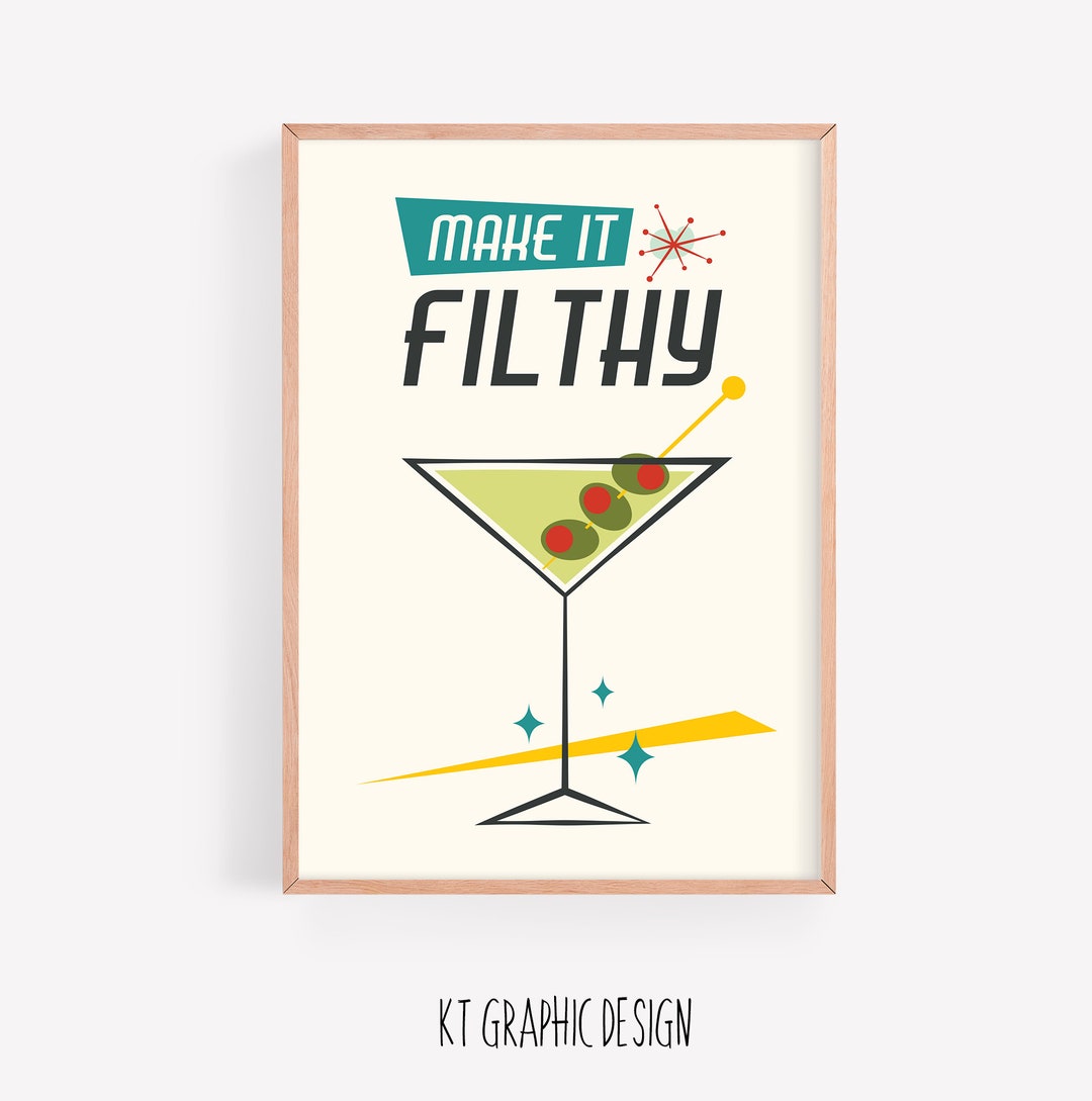 Dirty Martini Art Print, Bar Sign, Mid Century Modern Martini, Vintage ...