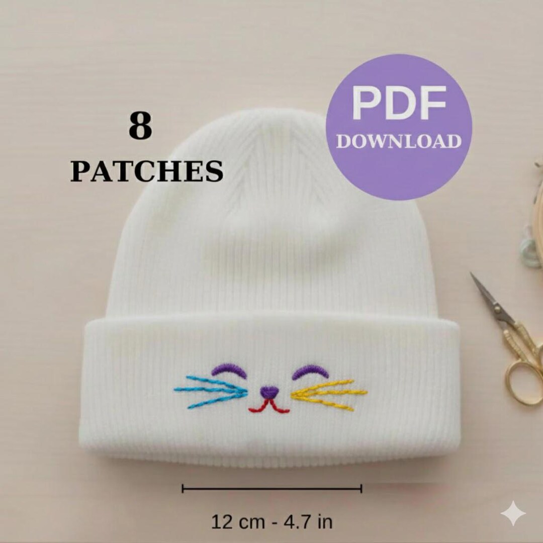 8 Pcs Cat Face Stick and Stitch Embroidery Patterns Beanie Transfer ...