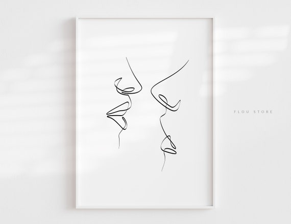Line Art Kiss Two People Drawn in Line Art Abstract Figures - Etsy UK