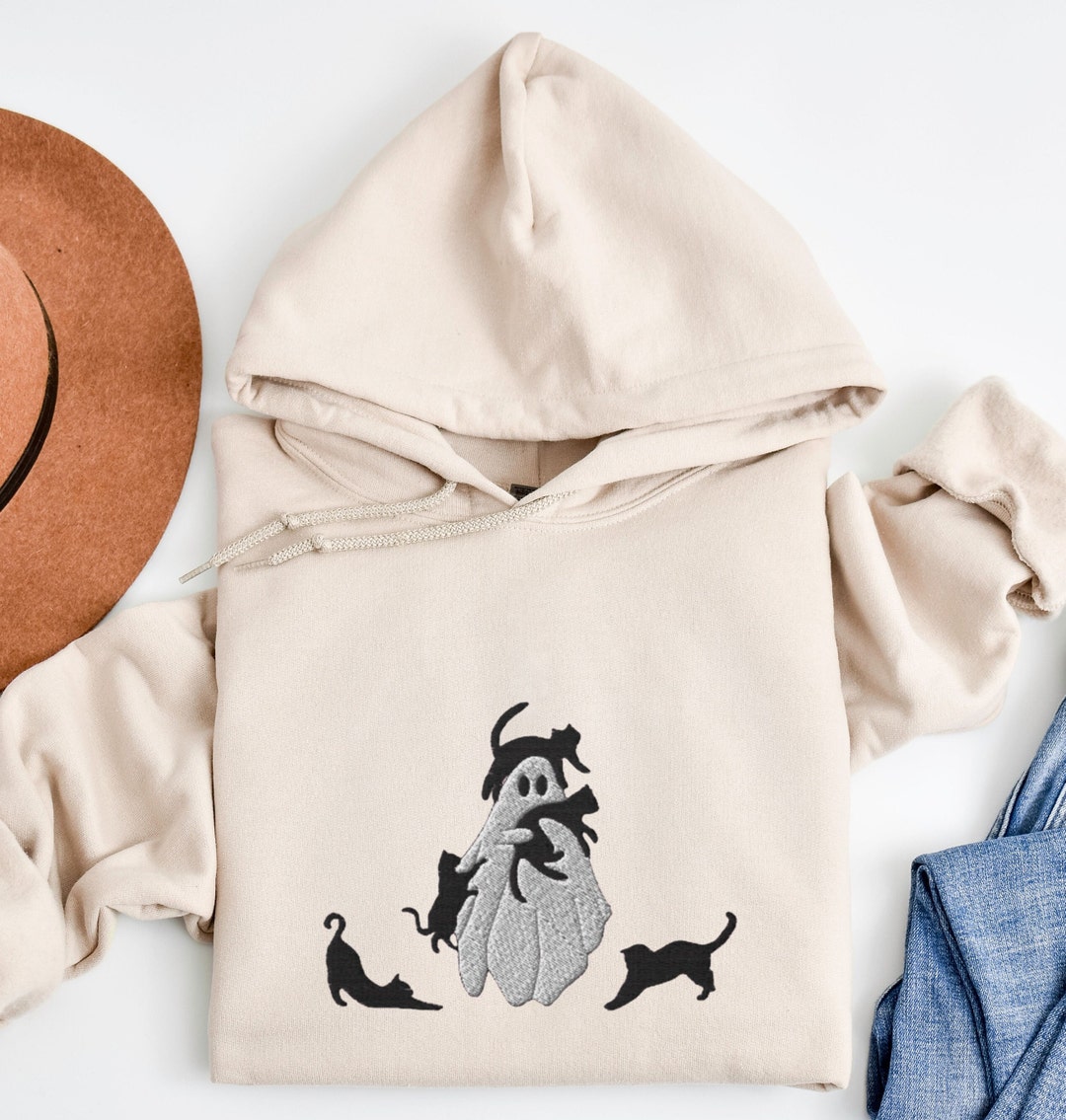 Embroidered Halloween Cats Hoodie, Cute Ghost With Black Cats Shirt ...