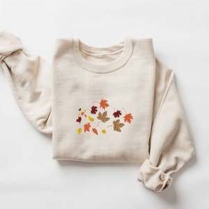 Embroidered Falling Leaves Sweatshirt, Fall Leaves Crewneck, Autumn ...