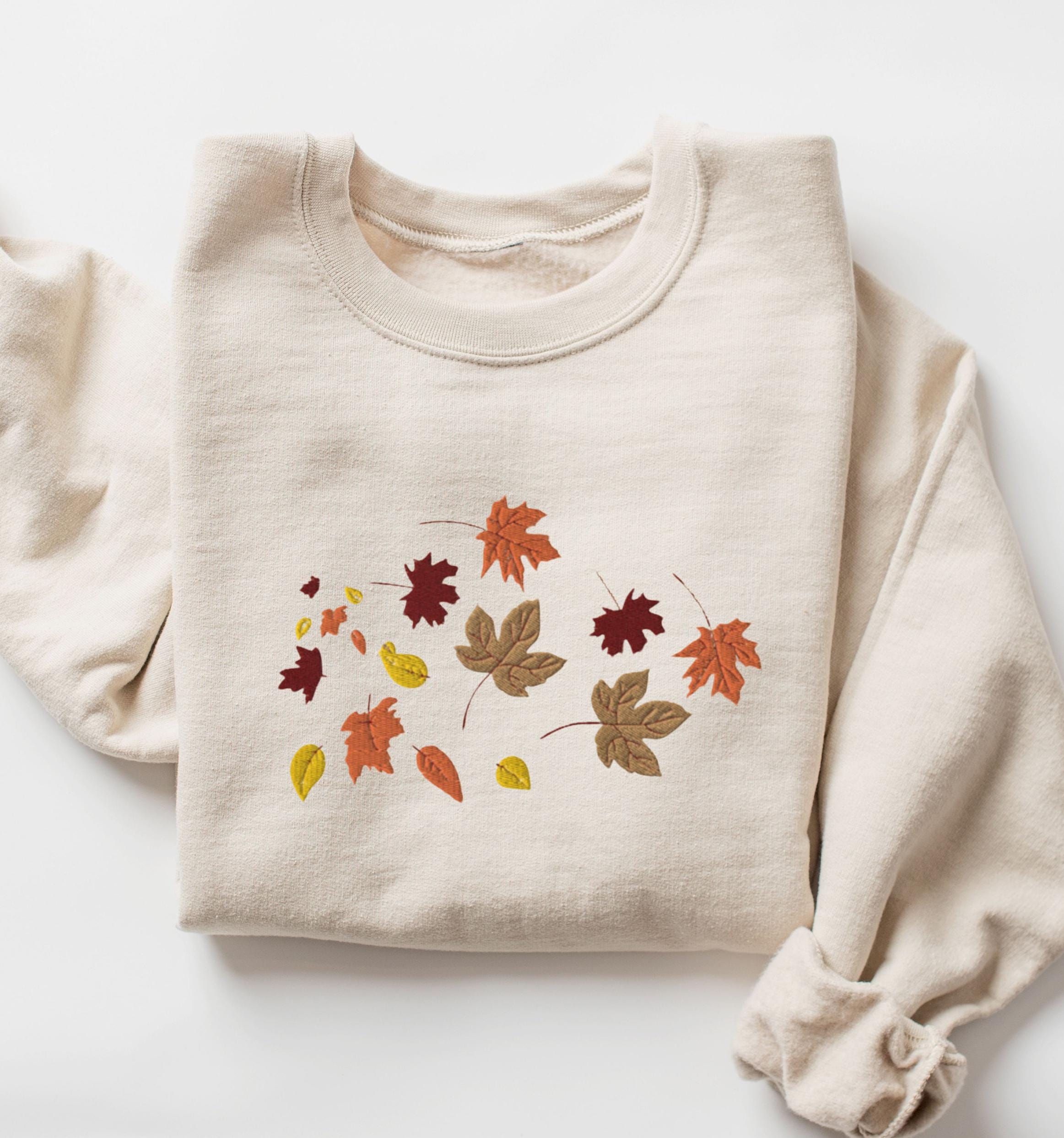 Embroidered Fall Leaves Crewneck, Cute Fall Foliage Sweatshirt, Autumn ...