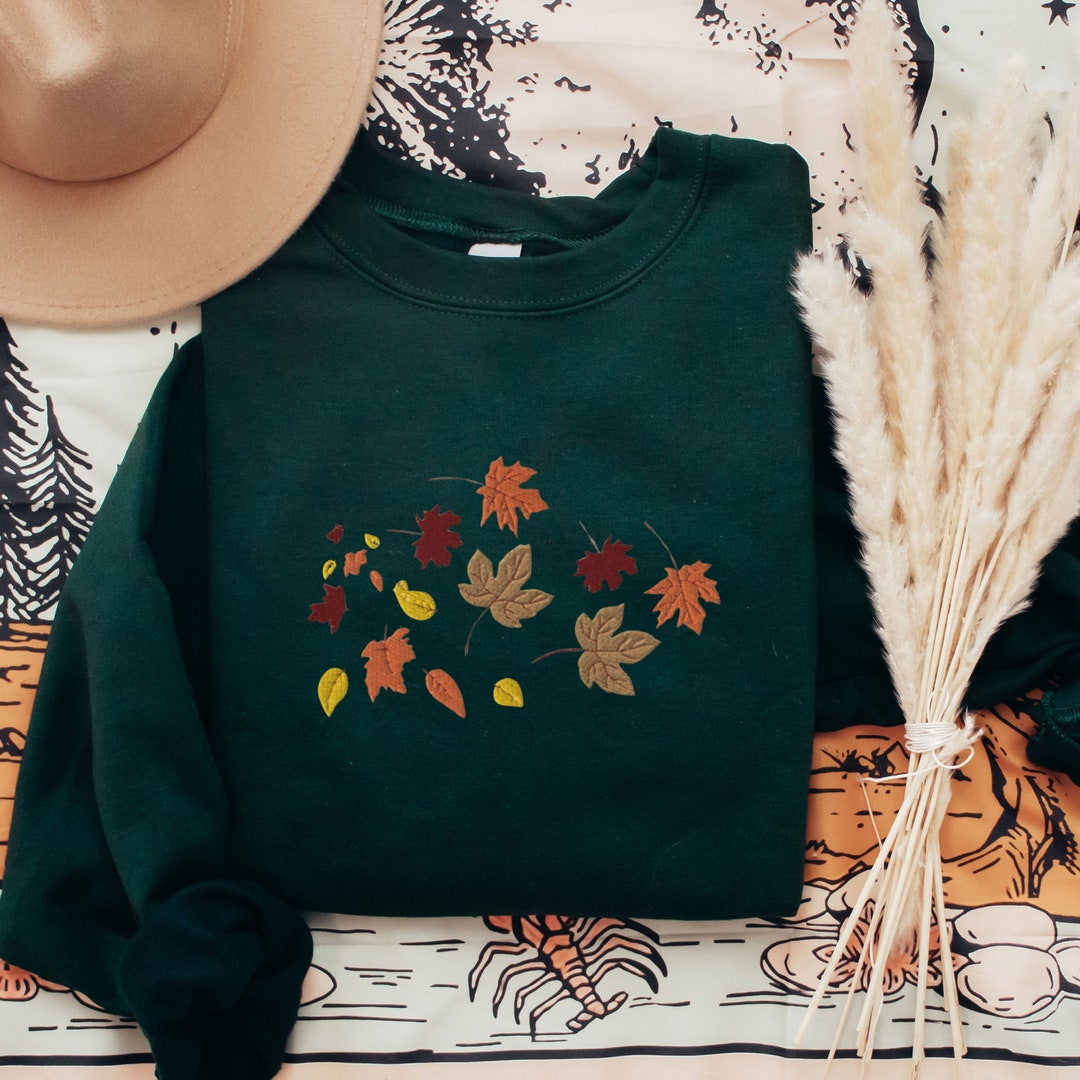 Embroidered Fall Leaves Crewneck, Cute Fall Foliage Sweatshirt, Autumn ...