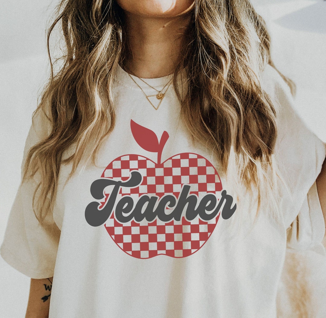 Retro Checkered Teacher Shirt, Checkered Apple Teach Comfort Colors ...